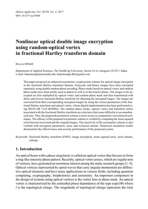 PDF Nonlinear Optical Double Image Encryption Using Random Optical Vortex In Fractional