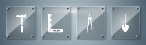 삽 드로잉 나침반 코너 눈금자 및 발톱 망치를 설정합니다 정사각형 유리 패널 벡터 각도에 대한 스톡 벡터 아트 및 기타 이미지 각도 갈고리 발톱 건설 산업 Istock