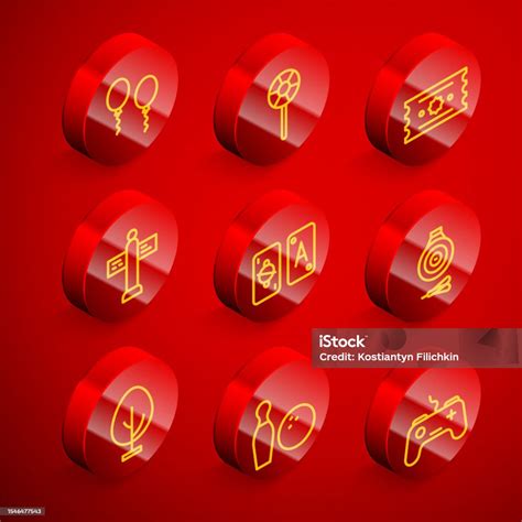 라인 풍선 롤리팝 티켓 도로 교통 표지판 타로 카드 클래식 다트 보드 및 화살표 나무 및 볼링 핀볼 아이콘을 설정합니다 벡터 3차원 형태에 대한 스톡 벡터 아트 및 기타