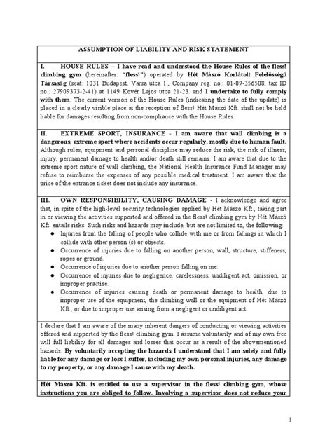 Assumption Of Liability And Risk Statement Eng Pdf Legal Liability