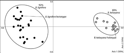 plot of scores on the first two principal coordinates from a principal