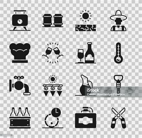 원예 가위 병 오프너 기상 온도계 가뭄 와인 시음 Degustation 요리사 모자 포도 발효 및 유리 아이콘병 벡터 건강 검진에 대한 스톡 벡터 아트 및 기타 이미지