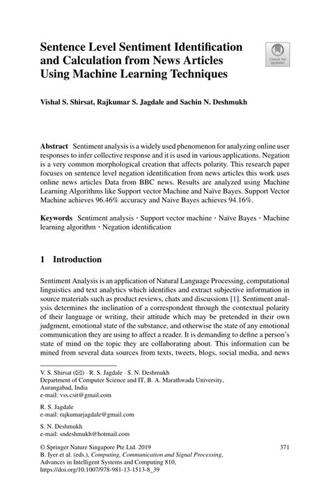 Pdf Sentence Level Sentiment Identification And Calculation From News Articles Using Machine