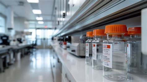 Close Up Of A Research Laboratory Shelf With Clear Glass Bottles And