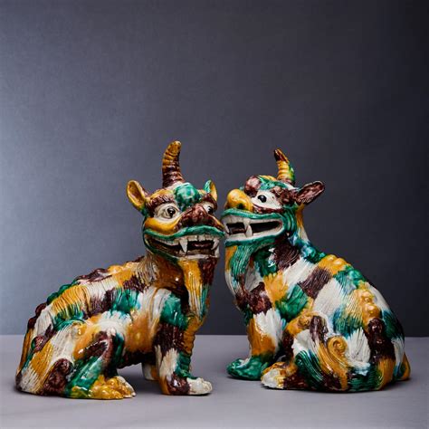 Pair Of Chinese Qilin Figures 20th Century In Sancai Glazed Ceramic For