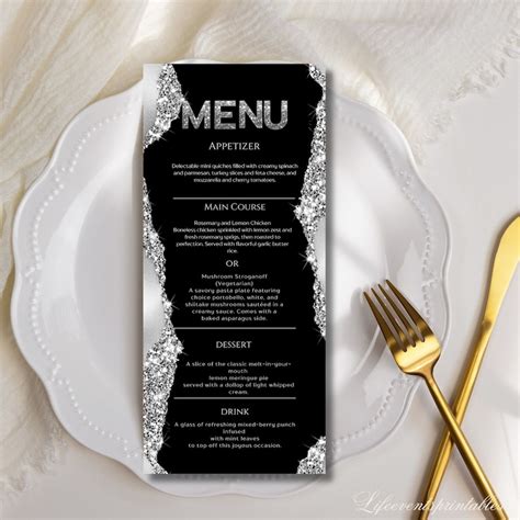 Black And Silver Menu Card Template Editable Sparkle Menu Template