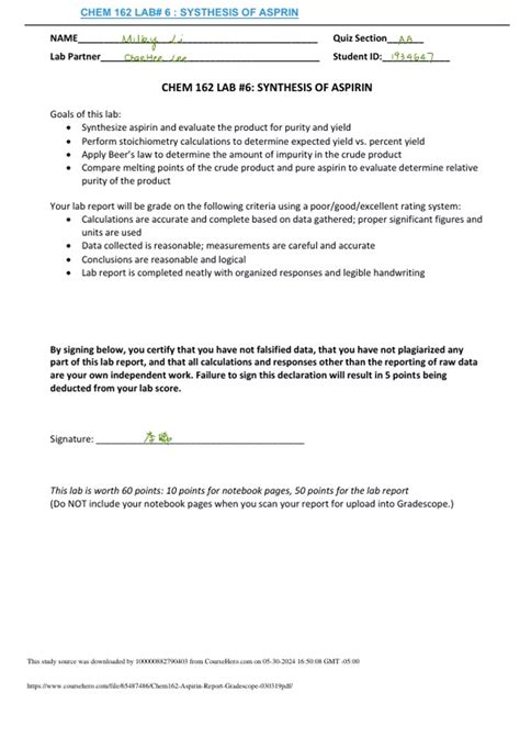CHEM 162 LAB 6 SYNTHESIS OF ASPIRIN QUETIONS ANSWERS 2024 A GRADED 100 VERIFIED CHEM