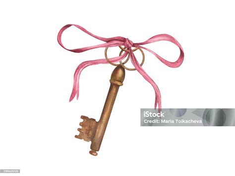 수채화 새틴 활과 핑크 리본 빈티지 브론즈 키 일러스트 절연 배경 초라한 녹슨 질감의 로맨틱한 요소 발렌타인 데이 웨딩 카드 디자인에 대한 손으로 그린 요소 강철에 대한