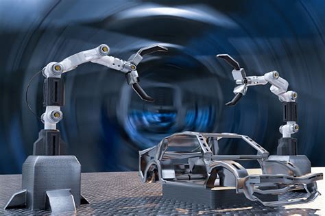 공장 로봇 하이테크의 자동차 생산 가공 서비스 차고 대리점에서 자동차 기술용 로봇 Ai 제어 팔 손 로봇 인공 기술 손 사이보그 2022 3d Render 차에 대한 스톡