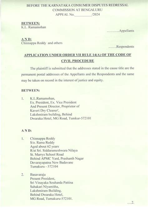 Klr Mohan Memo1 65 Memo Draft Before The Karnataka Consumer Disputes Redressal Commission At