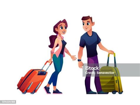 여행 가방 고립 만화 캐릭터와 함께 여행 행복한 젊은 부부 여행 관광객 휴가 휴가 휴식에 가는 여행 관광객 수하물과 벡터 남자와 여자 성인 승객 승객은 여행에 가서 가공의