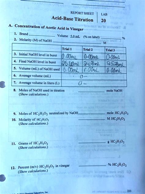 solved report sheet lab acid base titration 20 concentration of acetic