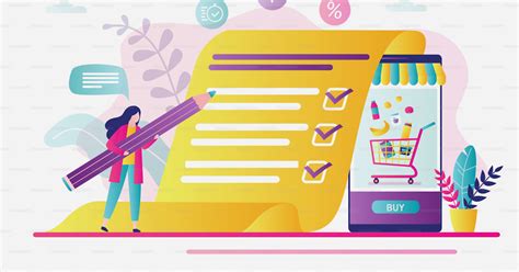 표지판이 있는 쇼핑 목록 스마트폰 디스플레이의 플래너 응용 프로그램 뷰티 우먼은 큰 연필을 사용하고 구매를 계획합니다 쉬운 라이프스타일을 위한 모바일 기술 플랫 체크