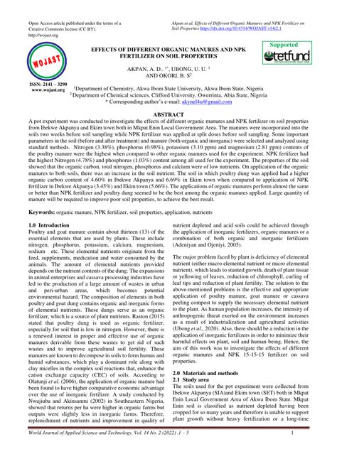 (PDF) Akpan et al. Effects of Different Organic Manures and NPK Fertilizer on Soil Properties ...