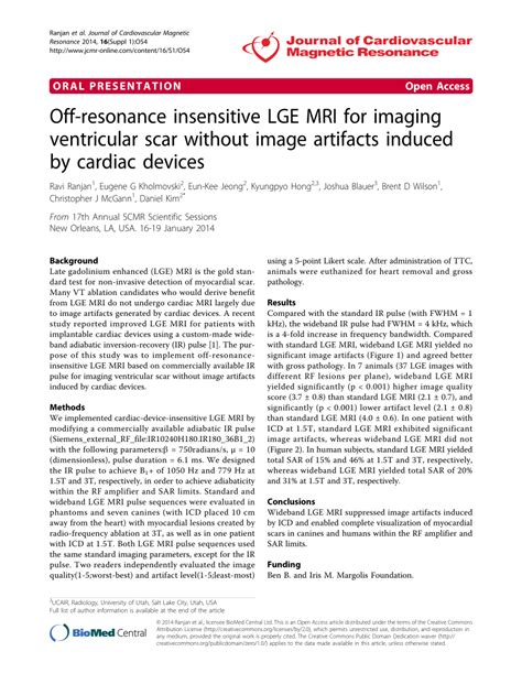 Pdf Off Resonance Insensitive Lge Mri For Imaging Ventricular Scar Without Image Artifacts