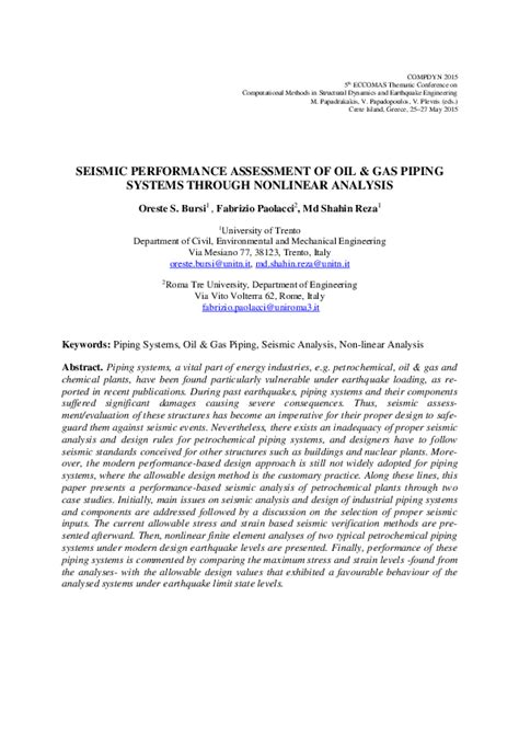 Pdf Seismic Performance Assessment Of Oil And Gas Piping Systems