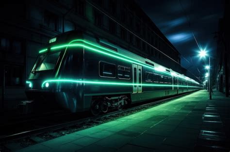 Night Train In Urban Vehicle Light Green Premium Ai Generated Image
