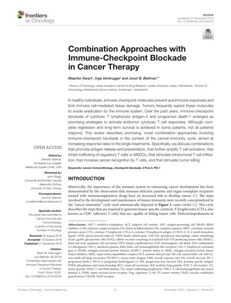 Pdf Combination Approaches With Immune Checkpoint Blockade In Cancer Therapy