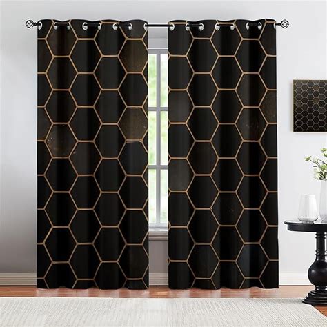 Black And Gold Honeycomb 3d Print Blackout Curtains Luxury Geometric