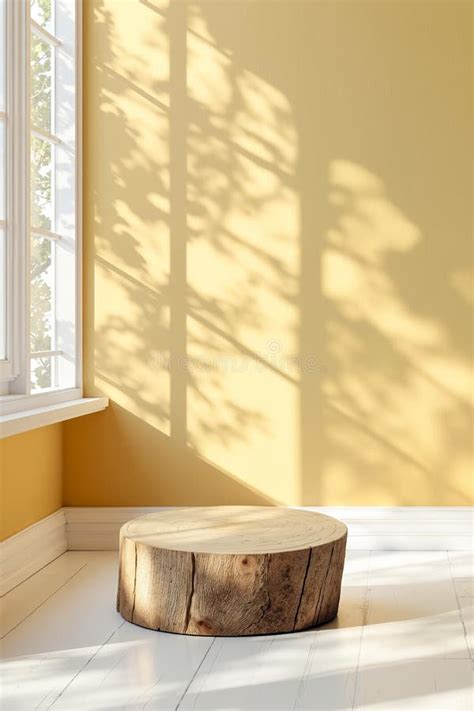 A Wooden Stool Sitting In Front Of A Window In A Room Stock Image