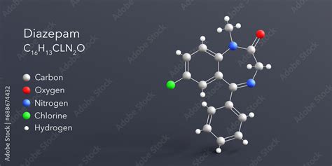 Diazepam Molecule 3d Rendering Flat Molecular Structure With Chemical Formula And Atoms Color