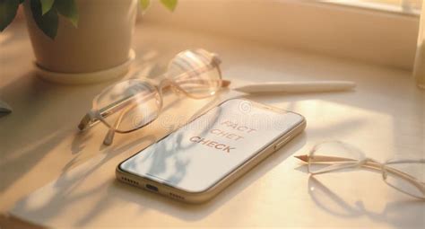 Mobile Phone Displaying Fact Check Text Glasses And Pencil On Table