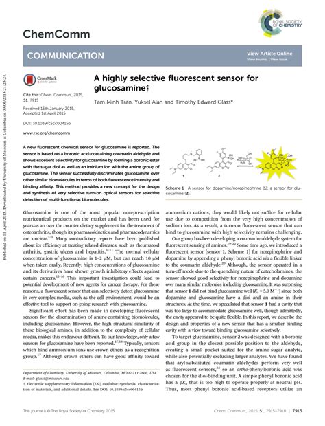 Pdf A Highly Selective Fluorescent Sensor For Glucosamine
