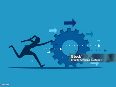 Drive Business For Progress Woman Pushing Gears Forward Stock Illustration Download Image Now
