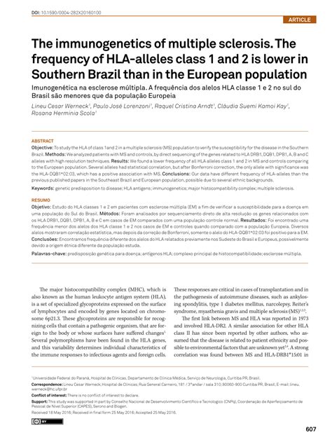Pdf The Immunogenetics Of Multiple Sclerosis The Frequency Of Hla Alleles Class 1 And 2 Is