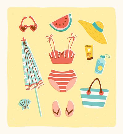 Set Of Beach Items In Retro Style Including Swimsuit And Sunglasses