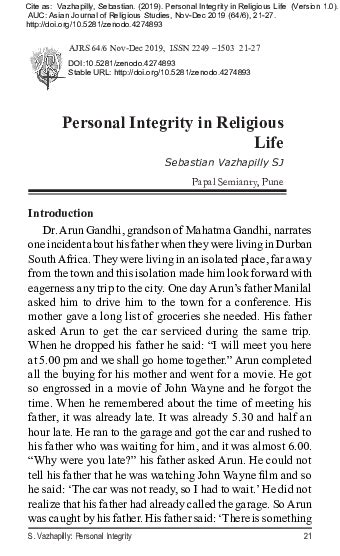 Pdf Personal Integrity In Religious Life