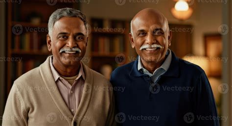 Mature South Asian Men Smiling In Cozy Interior Setting For Friendship