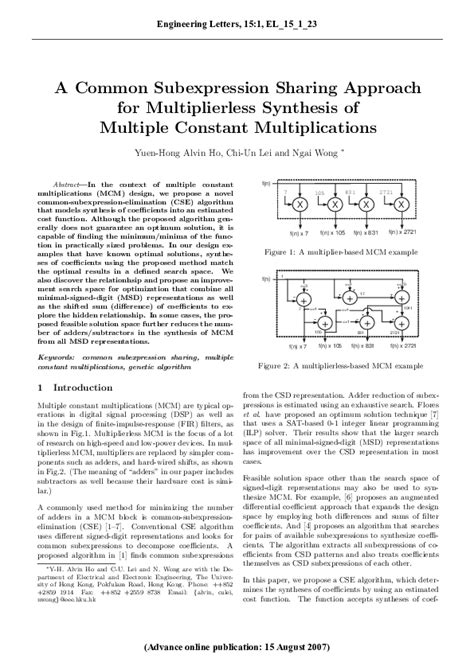 Pdf A Common Subexpression Sharing Approach For Multiplierless Synthesis Of Multiple Constant