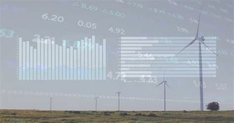 animation of financial data processing over wind turbines stock footage