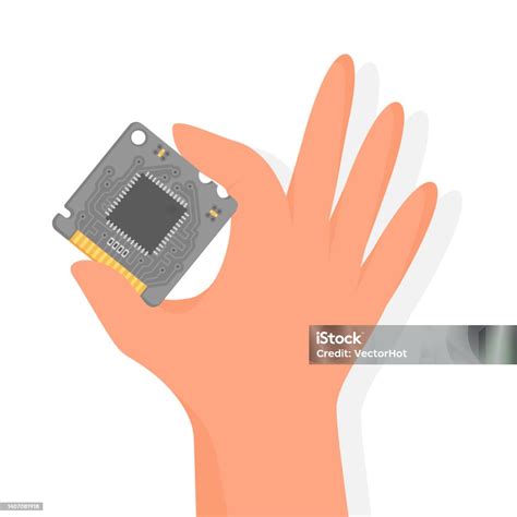 손에 전자 마이크로 회로 마이크로프로세서 및 컴퓨터 칩 아이콘입니다 컴퓨터 구성 요소 중앙 처리 장치 Cpu 서비스 센터 벡터 일러스트 레이 션 평면 스타일 반도체에 대한