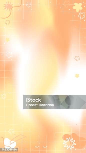 파스텔 옐로우 오렌지 흐릿한 메쉬 그라데이션 추상 스토리 템플릿 복사 공간과 손으로 그린 Kawaii Y2k 요소가 있는 배경 매끄럽고 둥근 선 낙서 개성 개념에 대한 스톡