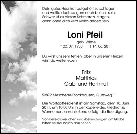 Traueranzeigen Von Loni Pfeil Trauer In Nrw De