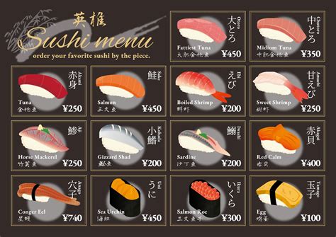 黒の背景にたくさんの寿司のイラストを並べたかっこいいメニューの無料メニューテンプレート 23570 デザインac