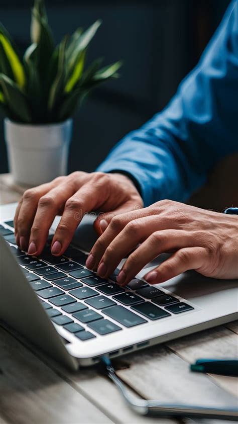 closeup man typing on laptop keyboard shallow depth stock illustration