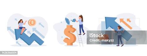 재무 성장 그림 세트 투자를 분석하고 재정적 성공과 돈 성장을 축하하는 캐릭터 돈 증가 개념 벡터 일러스트레이션 개념에 대한 스톡 벡터 아트 및 기타 이미지 Istock