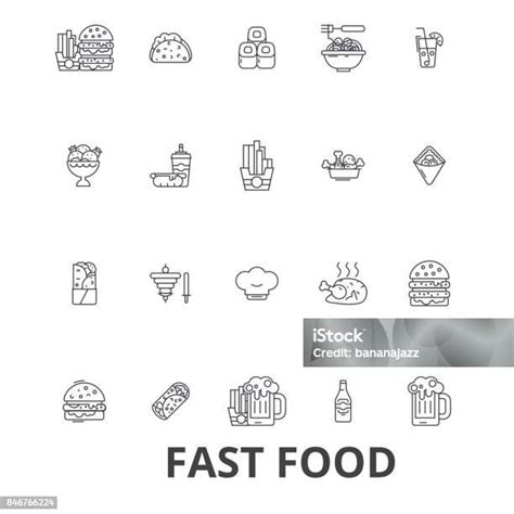 패스트 푸드 레스토랑 피자 햄버거 햄버거 정크 핫도그 감자 튀김 라인 아이콘 편집 가능한 스트로크입니다 평면 디자인 벡터 그림 기호 개념입니다 선형 신호 절연 스파게티에