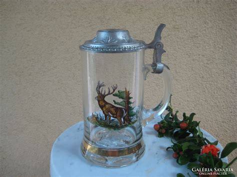 Bajor Vadász Jelenezes Sörös Krigli üvegből Díszes ón Tetővel
