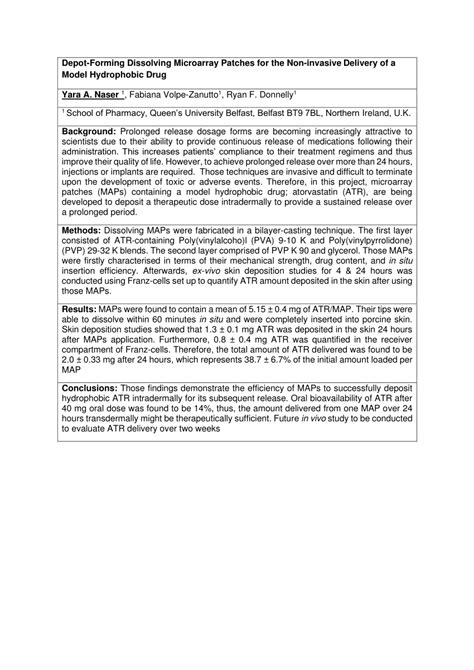 Pdf Depot Forming Dissolving Microarray Patches For The Non Invasive Delivery Of A Model