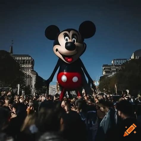 Giant Mickey Mouse In A City With A Crowd Of People In A Scary Setting