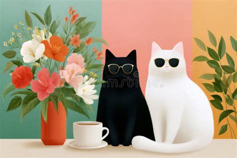 Black And White Cats Wearing Sunglasses Enjoying A Cup Of Coffee Stock