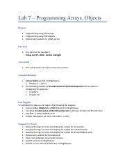 Lab 7 Programming Arrays Objects Pdf Lab 7 Programming Arrays Objects Purpose Programming