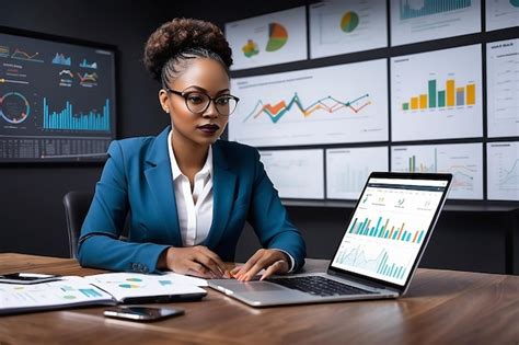 Premium Photo African Businesswoman Using Analytics Data Kpi Dashboard Tech
