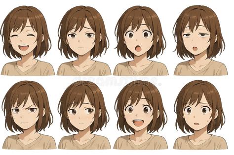 Png Anime Girl With Different Facial Expressions Set Isolated On