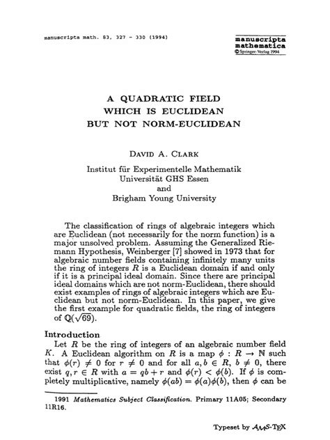 A Euclidean Quadratic Field That Is Not Norm Euclidean Pdf Discrete