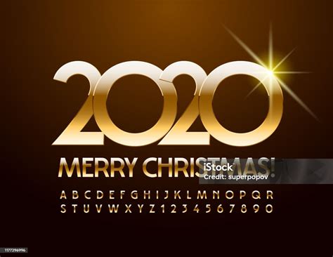 벡터 럭셔리 인사말 카드 메리 크리스마스 2020 알파벳 문자와 숫자의 황금 왕실 세트 12월 31일에 대한 스톡 벡터 아트 및